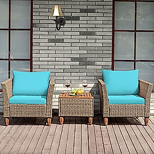 Tangkula 3 Piece Patio Furniture Set, Outdoor Wicker Rattan Bistro Sofa Set w/Washable Cushion, Acacia Wood Top Coffee Table, Conversation Set w/Adjustable Feet for Balcony Backyard Porch (Turquoise)