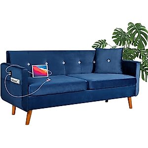 TYBOATLE 65" Modern Velvet Sofa Couch w/ 2 USB, Clear Glass Button Tufted Upholstered Love Seats for Living Room, Apartment, Bedroom (Blue)