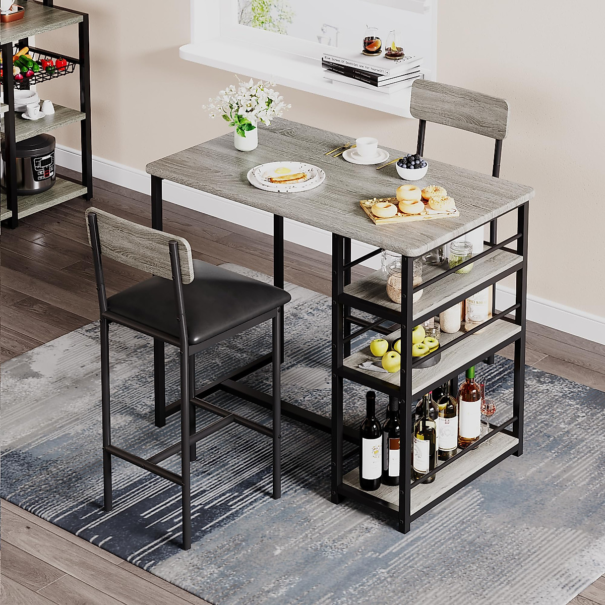 GAOMON Dining Table Set for 2, Kitchen Table and Chairs for 2 with Upholstered Chairs, 3 Piece Counter Height Bar Kitchen Table Set with 3 Storage Shelves for Small Space, Apartment, Rustic Gray