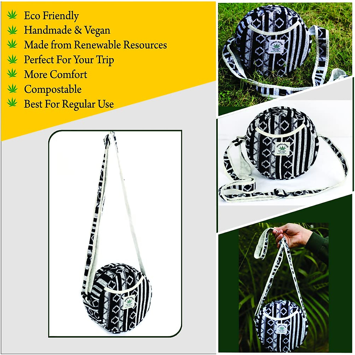 Handmade Circle Crossbody Purse Handbag Boho Zipper Shoulder Bag Round Cell Phone Purse (Black White)