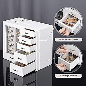 Homde Large Jewelry Box/Organizer/Case with Glass Window, Drawers for Necklaces Earrings Rings Bracelets Watches Gift for Women Girls (White+Grey)