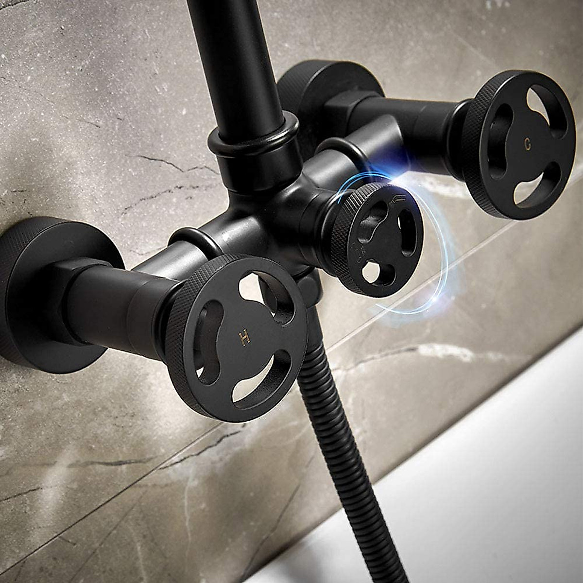 LUNEZY Black Tub Faucet Wall Mounted, Bathroom Tub Filler with Hand Held Shower Sprayer, Double Handle Bathtub Faucet Set, Industrial Style Bath Shower Mixer Tap