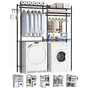 Loomie Over The Washer and Dryer Storage Shelf, Laundry Room Organization Shelves, 5 Tiers Adjustable Height Shelving,Bathroom Space Saving Drying Organizers Rack with Wire Basket,Haning Hook & 2 Rods