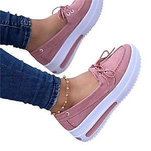 2023 New Woman Wedged Platform Sneakers Tie Up SLI on Flat Shoes, Comfortable Slip on Work Walking Shoes for Daily Casual Canva Low Top Pink