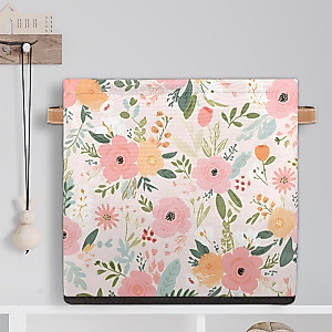 Piolysio Pink Flowers 13 Inch Storage Cube Bins Fabric Storage Bin with Leather Handles Foldable Storage Organizer Baskets for Closet, Shelves, Bedroom, Living Room