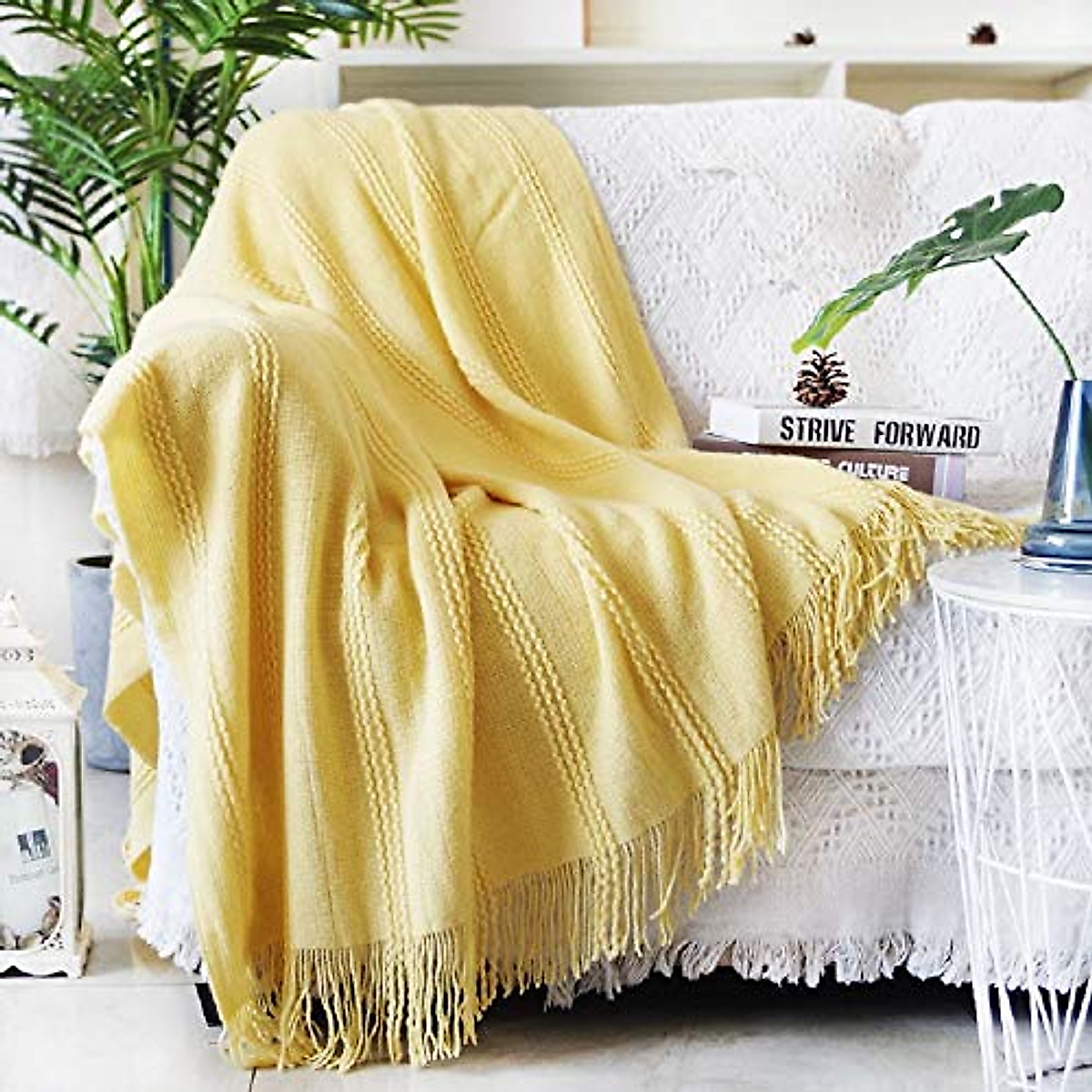 ALPHA HOME Cable Knit Throw Blanket Acrylic Cozy Snuggle TV Bed Sofa Throw for Adults and Kids,50''×60",Gold
