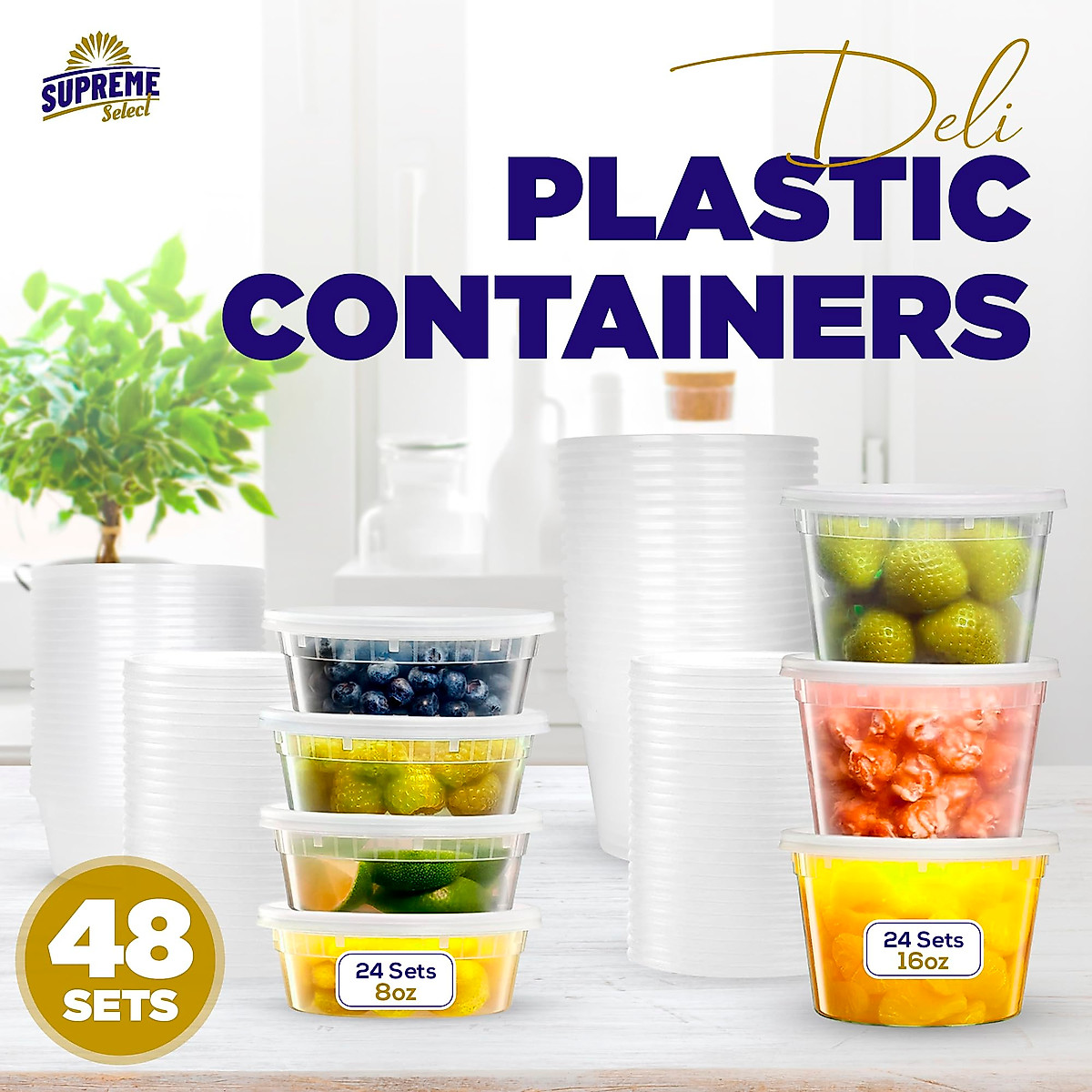 Supreme Deli Plastic Storage Containers with Lids 8 oz & 16 oz [24 sets of each - 48 combo pack] Reusable Food Containers -Microwavable & Freezer friendly - Dishwasher safe - Secure & Tight Covers