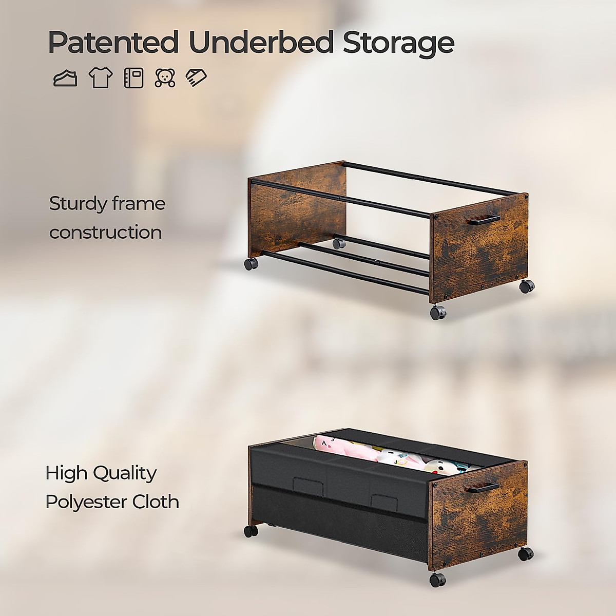 FOUCSSOMEI Under Bed Storage with Wheels, Under Bed Drawers On Wheels, Rolling Under Bed Storage with Metal Frame, for Clothes Shoes Blanket Toys, Patented Design