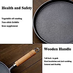 Uncoated Pizza Pan Cast Iron Round Griddle Healthy Thickened 10.24-Inch Pre-Seasoned Griddle Pan for Gass Stove with Wooden Helper Handle Pizza, Steak, Grill, Pancakes