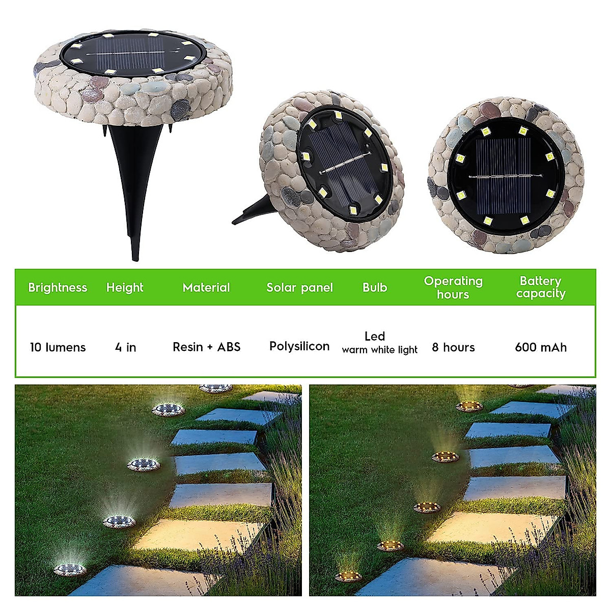 4 Pack Solar Ground Lights, Upgraded 8 LED Outdoor Waterproof Bright In-Ground Stone Decor Disk Lights, Solar Powered Garden Lights, Landscape Lighting for Pathway Yard, Deck, Lawn, Patio, Walkway
