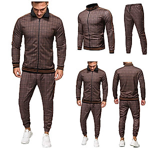 VEZAD Store Mens Plaid 2Pc Zipper Tracksuit,Autumn Printed Sweatshirt Top Pants Sets Sports Suit Tracksuit