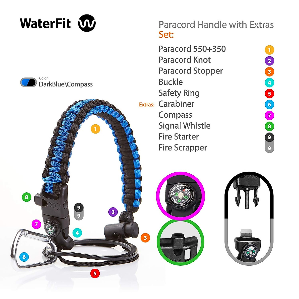 WaterFit Paracord Handle - Paracord Carrier Survival Strap Cord with Safety Ring and Carabiner Compatible with Hydro Flask Wide Mouth Water Bottles 12oz - 64 oz