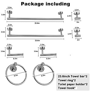 Toptowel Bathroom Towel Rack Set - 8 Pieces, Includes 2 Packs 23.6 inch Towel Bar, Hooks, Rings, Toilet Paper Holder - Brushed Nickel