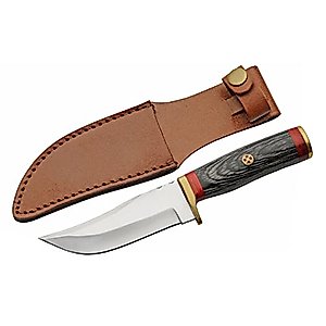 SZCO Supplies 203443-8 Wood Handled Upsweep Outdoor Hunting Knife with Leather Sheath, Black, 8.25" Length