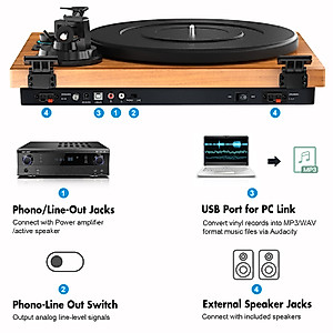 DIGITNOW Bluetooth Record Player for Vinyl with Speakers, Wireless Turntable with 36W High Fidelity Stereo Speakers,Wood Vinyl Player with Magnetic Cartridge & Adjustable Counter Weight,RCA output