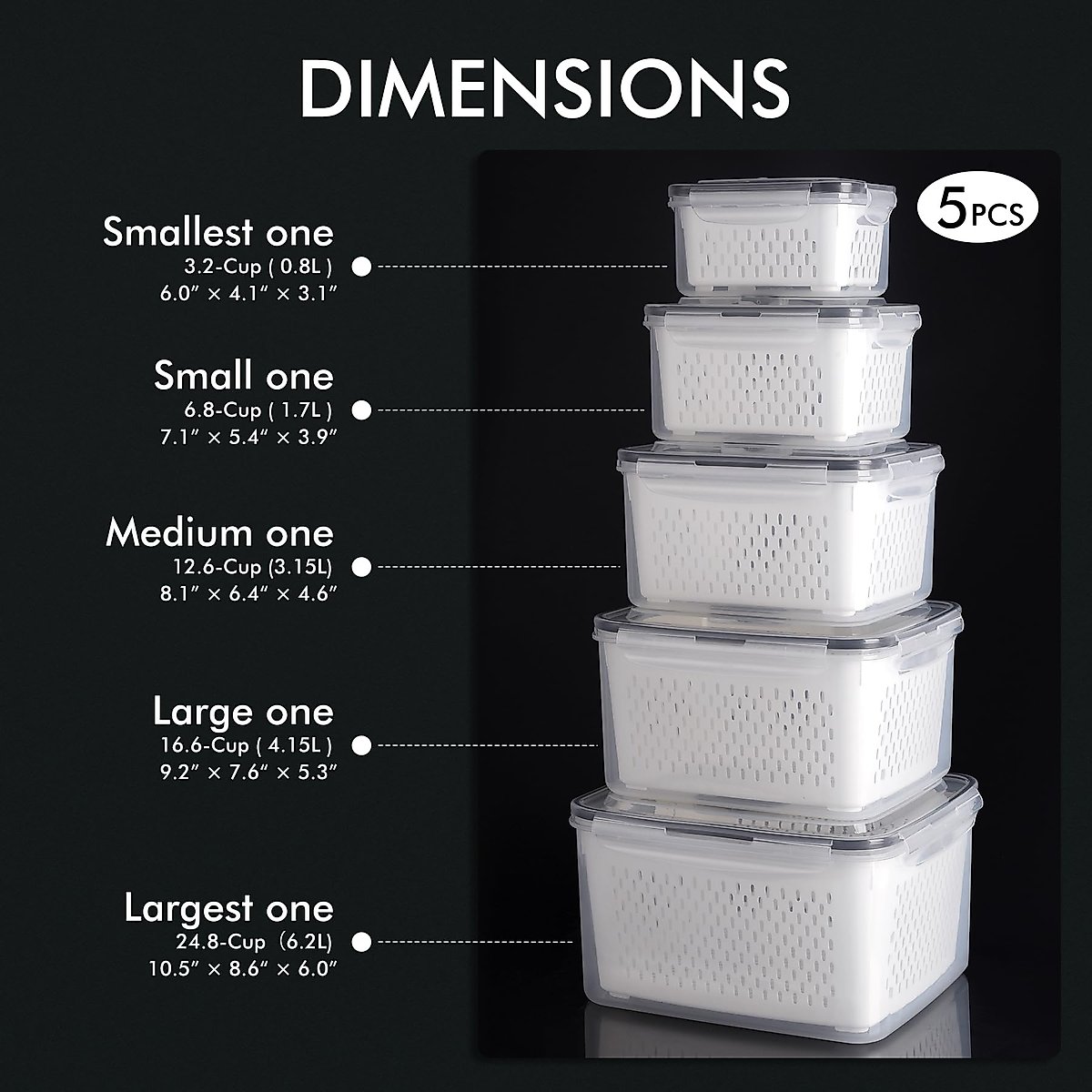 HOTEC Portable Handle Food Storage Container Setwith Lids, 5 pieces Large Fruit Containers with Removable Colander, BPA Free Gas Vent for Keep Foods Fresh