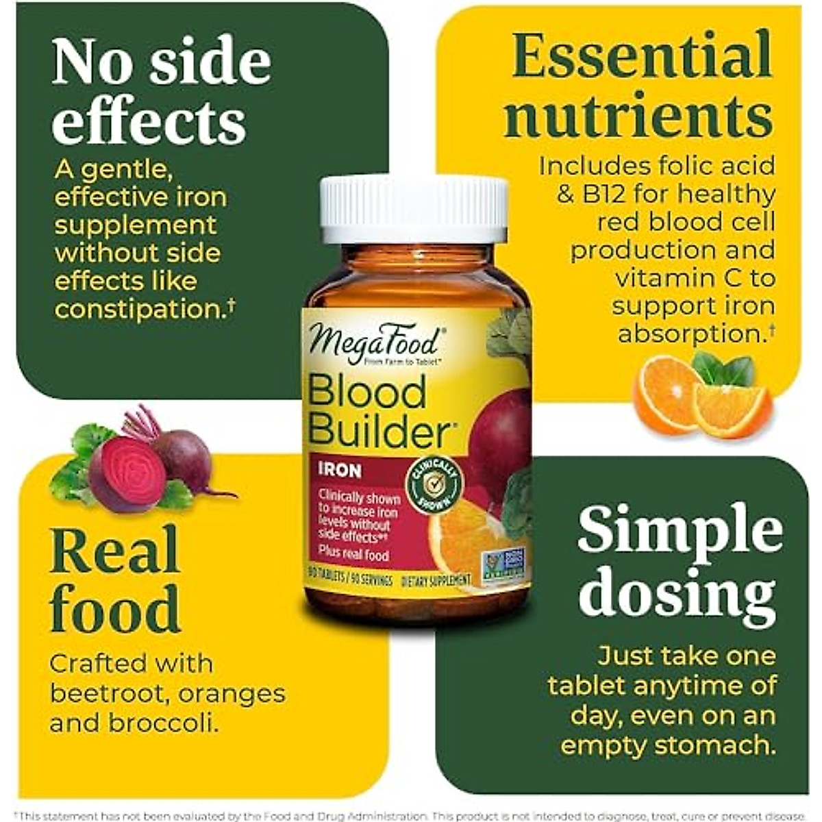 MegaFood Blood Builder - Iron Supplement Clinically Shown to Increase Iron Levels without Side Effects - Iron Supplement for Women with Vitamin C, Vitamin B12 and Folic Acid - Vegan - 90 Tabs
