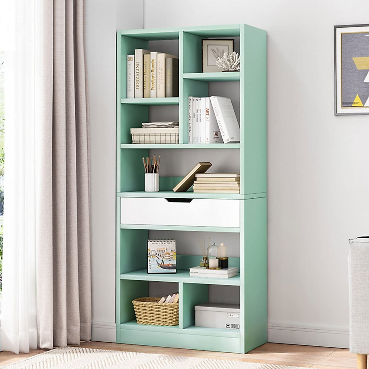 IOTXY Wooden Open Shelf Bookcase - 61 Inches Height Freestanding Display Storage Cabinet Organizer with 8 Cubes and a Drawer, Floor Standing Bookshelf in Tiffany-Green