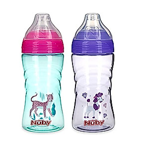 Nuby 2 Pack No Spill Printed Thirsty Kids No-Spill Sip-it Sport Cup with Soft Spout and Lid - 12oz, 12+ Months,2 Count(Pack of 1),Print May Vary