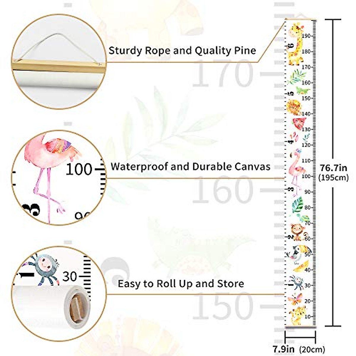ASENART Growth Chart for Kids Roll-up Height Chart for Boys Girls Fabric Canvas Animal Height Measurement Ruler for Nursery Room Removable Wall Decor 79"x7.9"