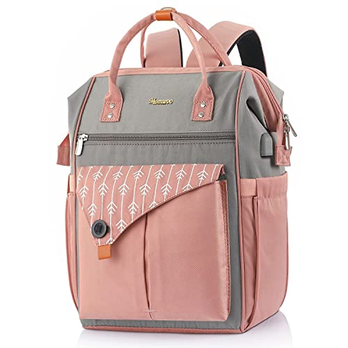 MOMUVO Travel Backpack for Women Laptop Backpack 15.6 Inch,School College Bookbag Work Bag with USB Charging Port,Casual Daypack Teacher Backpack Pink Grey
