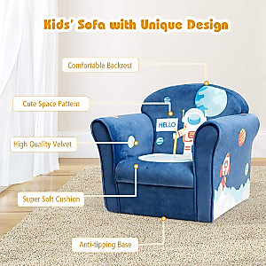 Costzon Kids Couch, Children's Sofa Armrest Chair with Pattern, Toddler Furniture w/Sturdy Wood Construction, Preschool, Lightweight Children Couch Sofa Chair for Aged 1-5 Boys & Girls Gifts, Spaceman