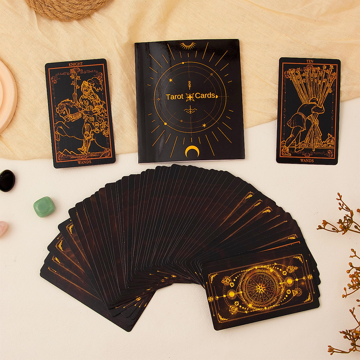 78 Tarot Cards with Guide Book, Black Tarot Deck Gift Set with Tarot Cloth, Chakra Stones and More, Tarot Cards Deck Fortune Telling Game Craft Cardboard for Beginners and Expert Readers
