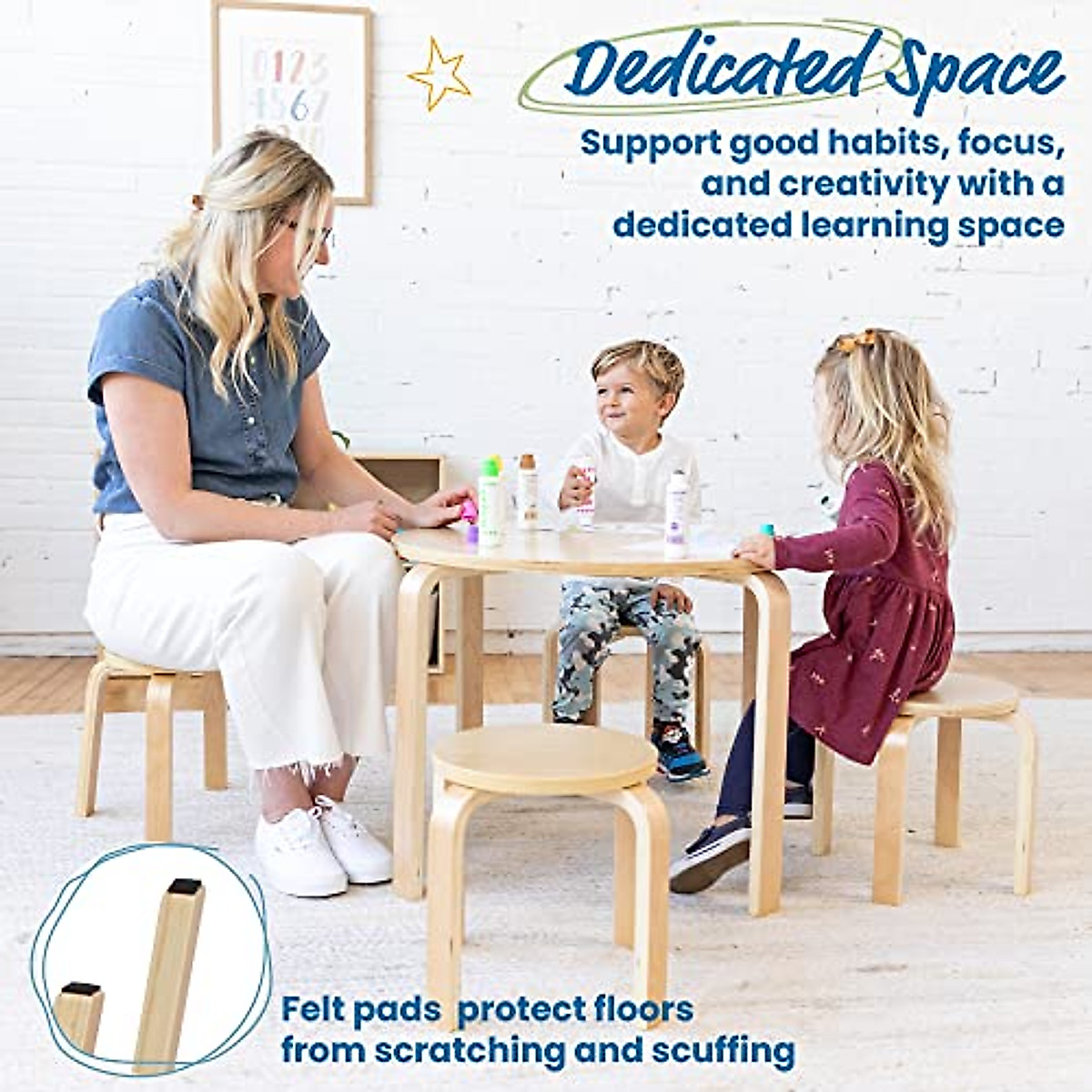 ECR4Kids Bentwood Round Table and Stool Set, Children's Furniture, Natural, 5-Piece