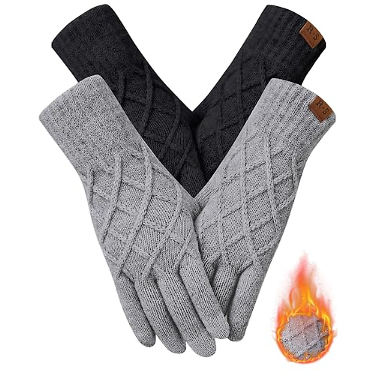 REACH STAR 2 Pairs Winter gloves for women Touch screen Cashmere Elastic Thermal knit Lining Warm Gloves for Cold weather for Running Driving, Gifts for Christmas (Black+Dark Gray)