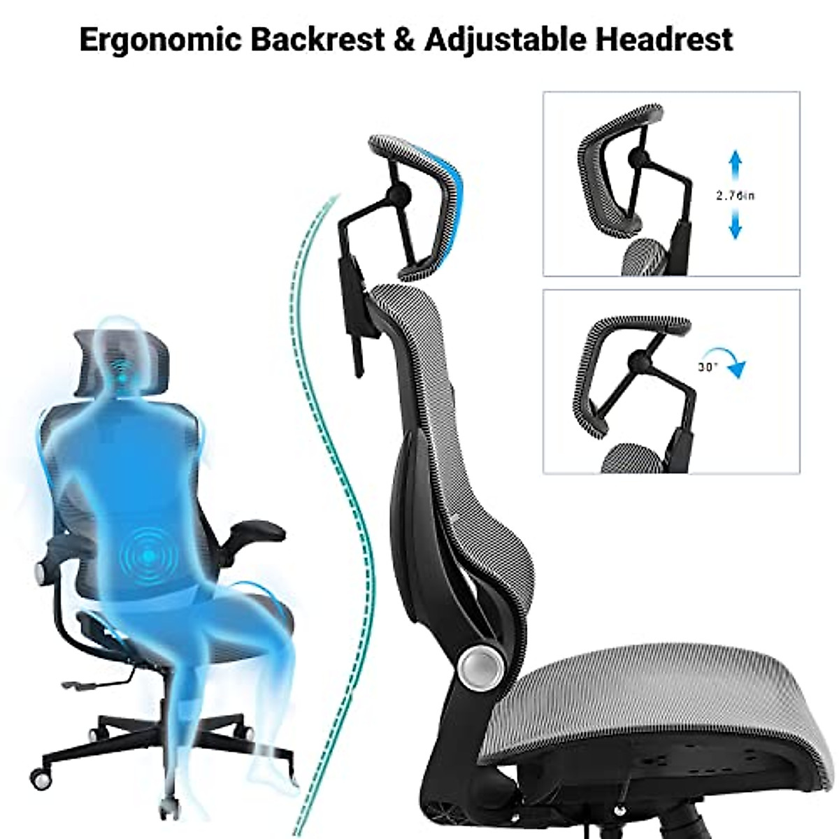 X XISHE Office Chair, Ergonomic Mesh Office Chair, High Back Desk Chair - Adjustable Headrest with Flip-Up Arms, Tilt Function, Lumbar Support, and PU Wheels, Swivel Computer Task Chair