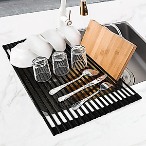 MERRYBOX Roll Up Dish Drying Rack Silicone Wrapped Over The Sink Dish Drying Rack Multipurpose Foldable Sink Drying Mat Anti-Slip & Anti-Rust Dish Rack for Kitchen, 17.5" x 13", Black