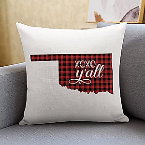 Red Black Buffalo Plaid Oklahoma State Map Throw Pillow Covers Love Pillow Case Home State Cushion Cover Going Away Gift Valentine's Day Decor Square Pillowcase Valentines Day Gift 24"x24"
