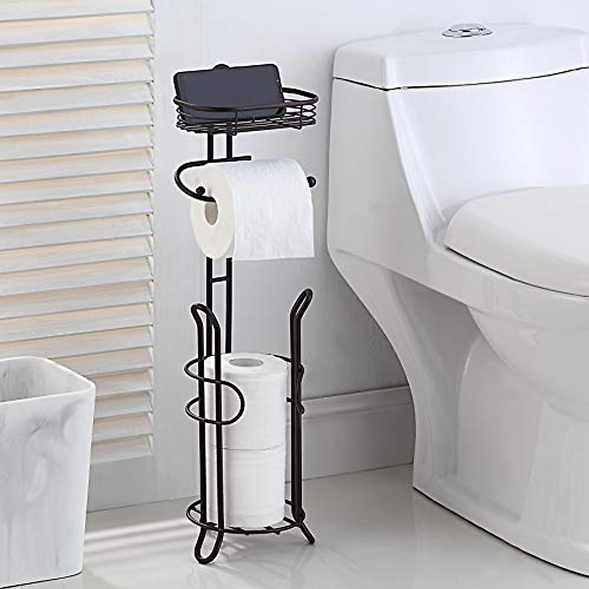 SunnyPoint Bathroom Heavyweight Toilet Tissue Paper Roll Storage Holder Stand with Reserve and Shelve, The Reserve Area Has Enough Space to Store Mega Rolls. (Bronze)