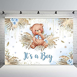 MEHOFOND Boho Bear Baby Shower Backdrop for Boy Baby Shower Party Decorations Bohemian Pampas Gass It's a Boy Baby Shower Photography Background Gold Glitter Dots Decor 7x5ft