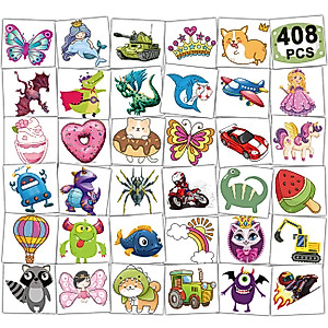 CHARLENT 408 PCS Individually Wrapped Temporary Tattoos for Kids - Mixed Tattoos for Kids Birthday Party Favors Goodie Bag Fillers