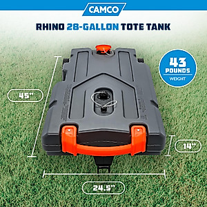 Camco Rhino 28-Gallon Portable Camper / RV Tote Tank - Features Large Heavy-Duty No-Flat Wheels & Built-In Gate Valve - Removable Steel Tow Adapter, 3’ RV Sewer Hose & More RV Accessories (39004)