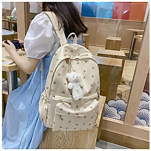 ZHHUIZ Kawaii Backpack Flower Backpack with Bear Pendant, Aesthetic School Bag Bookbag Japanese Ita Bags Cute Daypack (White), One Size