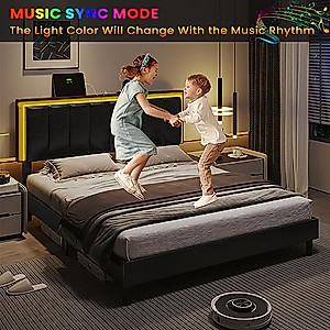 DICTAC Queen Bed Frame with LED Lights Headboard Modern Upholstered Platform LED Bed Frame Faux Leather Low Profile Platform Bed Frame,Wooden Slats Support, No Box Spring Needed, Easy Assembly, Black