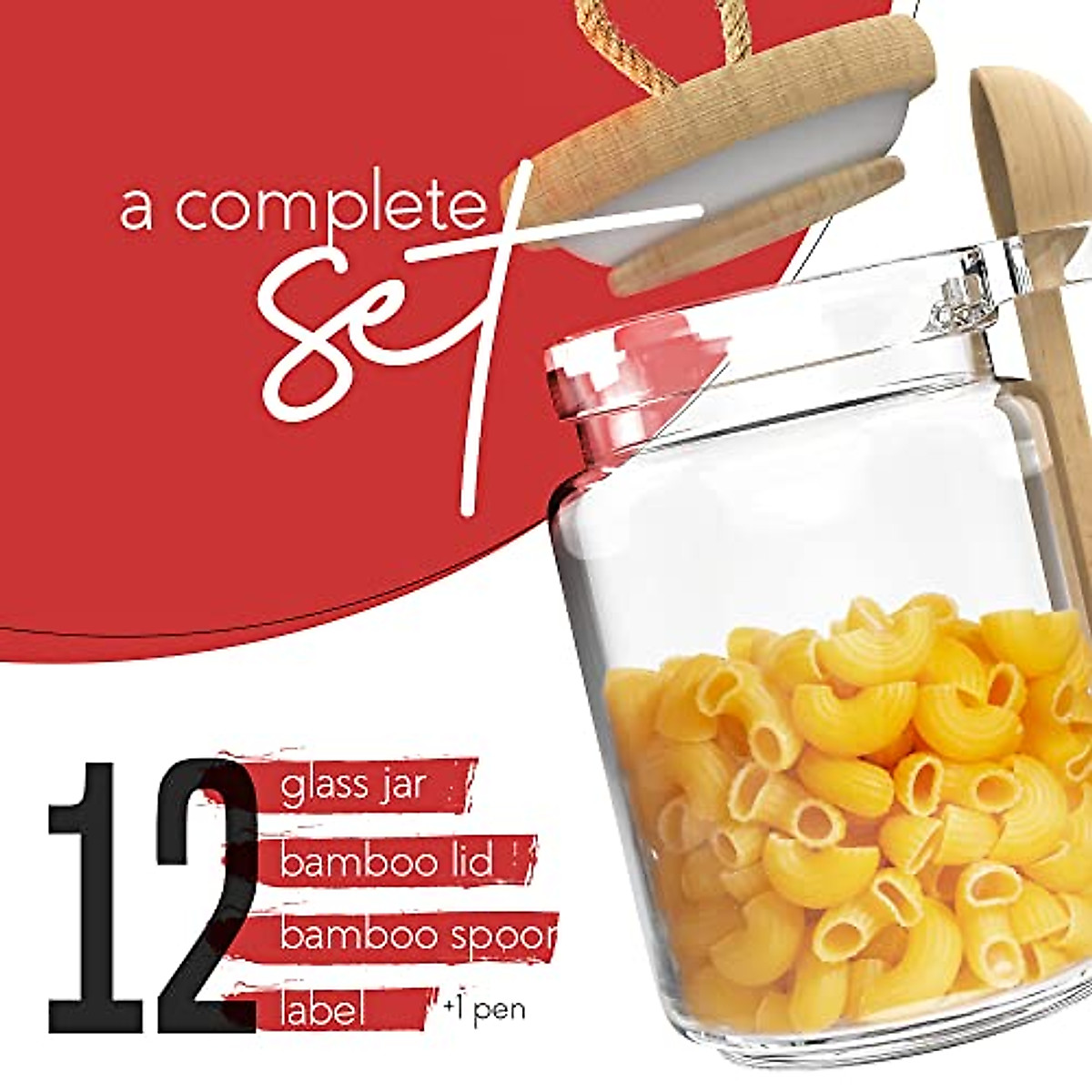 DESIGN INN 12 Airtight Glass Spice Jars with Bamboo Lids - 8oz Empty Spice Bottles Containers, 100 White, Spice Jars With Label & Spoon, 40 Black Labels And Pen, Spice Containers