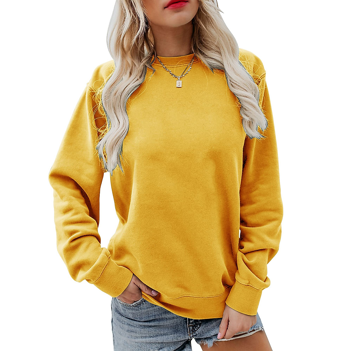 Hilltichu Women's Fall Long Sleeve Pullover Shirt Casual Round Neck Loose Tunic Tops (Medium, Yellow)