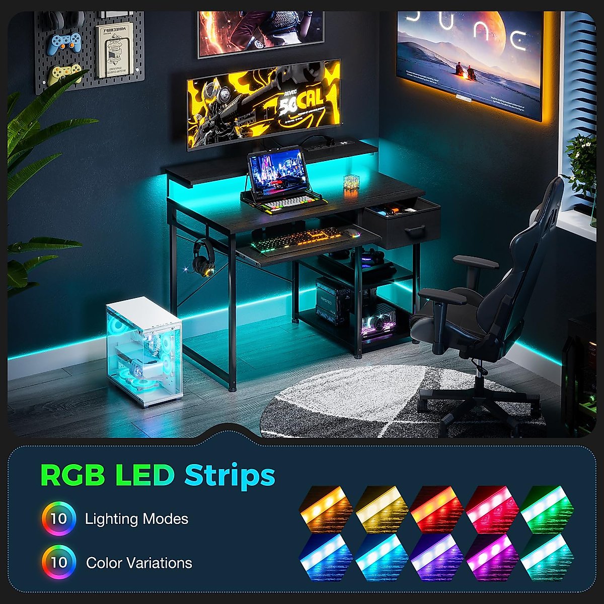 AODK Gaming Desk with LED Lights & Power Outlet, 40 Inch Small Computer Desk with Keyboard Tray, Office Desk with Drawer, Reversible Desk with Adjustable Monitor Shelf and Storage Shelf, Black
