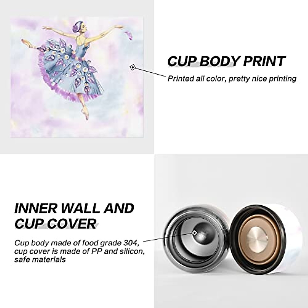 CaTaKu Watercolor Ballet Dancer Water Bottle Insulated 16 oz Stainless Steel Flask Thermos Bottle for Coffee Water Drink Reusable Wide Mouth Vacuum Travel Mug