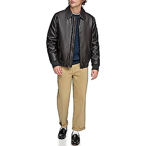 Tommy Hilfiger Men's Smooth Lamb Touch Faux Leather Unfilled Bomber, Dark Brown Laydown Collar, Large