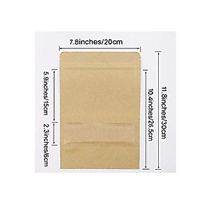 Kraft Zip Lock Stand Up Food Bags Pouches with Notch and Matte Window for Storing Cookie, Dried Foods, Snack (100 Pcs, 11.8" x 7.8")