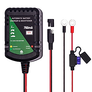 Unocho 12 volt battery charger 750mA smart automatic battery charger and maintainer intelligent trickle charger for automotive car motorcycle lawn mower boat atv sealed lead acid batteries