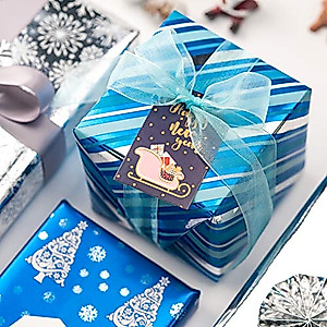 WRAPAHOLIC Christmas Wrapping Paper Roll - Blue and Silver Snowflake and Stripe Set with Metallic Foil Shine - 4 Rolls - 30 Inch X 120 Inch Per Roll