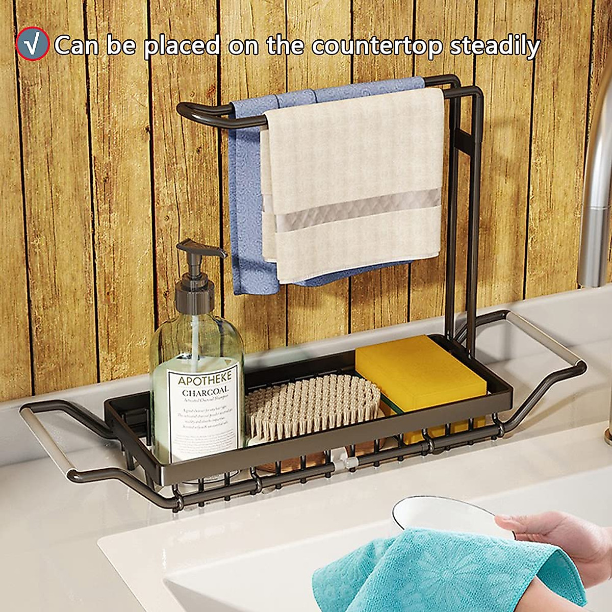 Hvanam Stainless Steel Kitchen Sink Rack Telescopic Organizer Holder Expandable Countertop Accessories Drain Caddy Tray for Kitchen or Bathroom Towel Soap Sponge Brush Storage(Black)