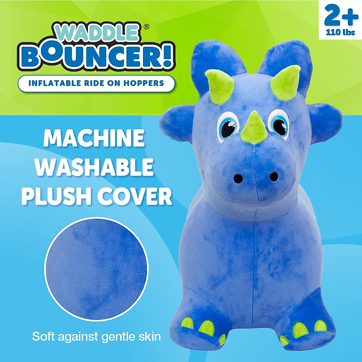 WADDLE Bouncy Hopper Inflatable Animal Hopping Plush, Indoor and Outdoor Toy for Toddlers and Kids, Pump Included, Boys and Girls Ages 2 Years and Up (Triceratops)