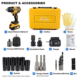AUTOJARE Cordless Impact Wrench 1/2 inch 479 Ft-Lbs(650 N.m) Brushless Power Impact Wrenches 3 In 1 Electric Impact Wrench With 2 x 4.0A Battery, 6 Sockets, 5 Drill, 3 Screw, Fast Charger