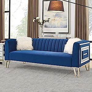 CALABASH 3-Seater Sofa with Mirrored Side Trim with Faux Diamonds and Metal Legs, Channel Tufted Velvet Couch with 2 Pillows (Blue, 3 Seater Sofa)